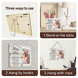 BeneCharm 50th Birthday Gifts for Women Men, Birthday Ideas Wood Photo Frame Fit for 4"x6"Picture, Happy 50th Birthday Decoration for Mom, Dad, Female, Friends, Husband and Wife