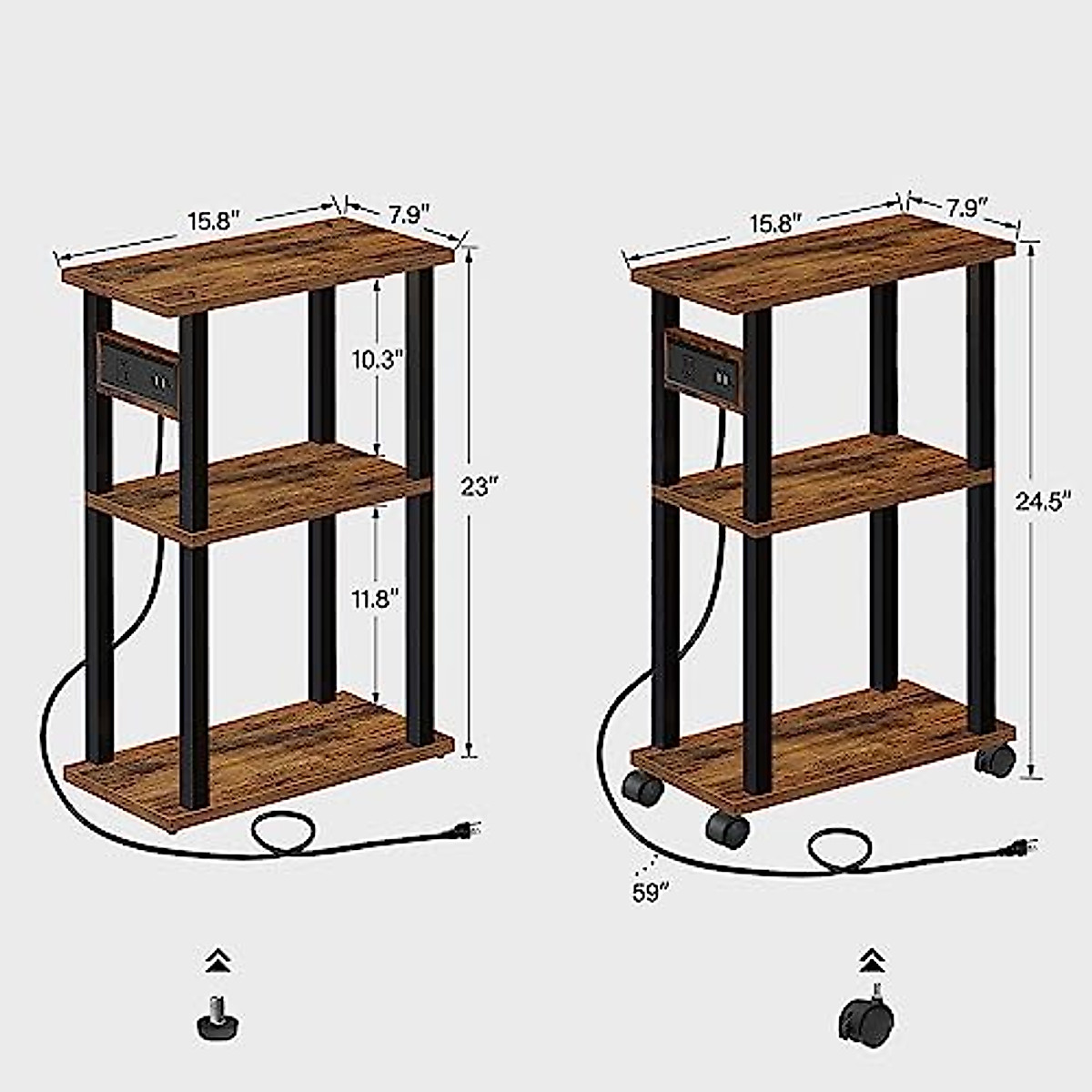 TUTOTAK Small Narrow Side Table with Charging Station, Set of 2 Skinny End Table for Small Spaces, Slim Nightstand with USB Ports and Outlet,Sofa Beside Table with Wheels, Brown TB01BB047