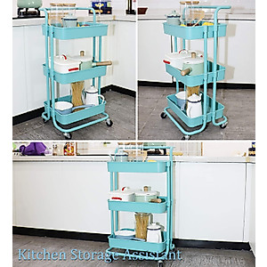 Piowio 3 Tier Utility Rolling Cart Multifunction Organizer Shelf Storage Cart with 3 Piece Cups and 8 Piece Hooks for Home Kitchen Bathroom Laundry Room Office Store etc. (Blue)