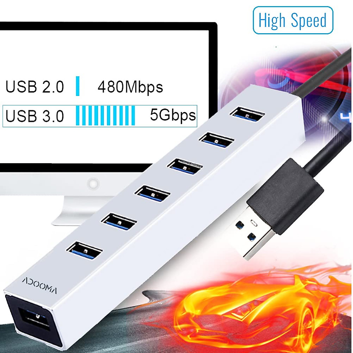 USB Hub 7 Port USB Expander, ADOOMA Multiport USB 3.0 Desk Data Hub Extender Adapter for PC Laptop PS5 Aluminum Grey