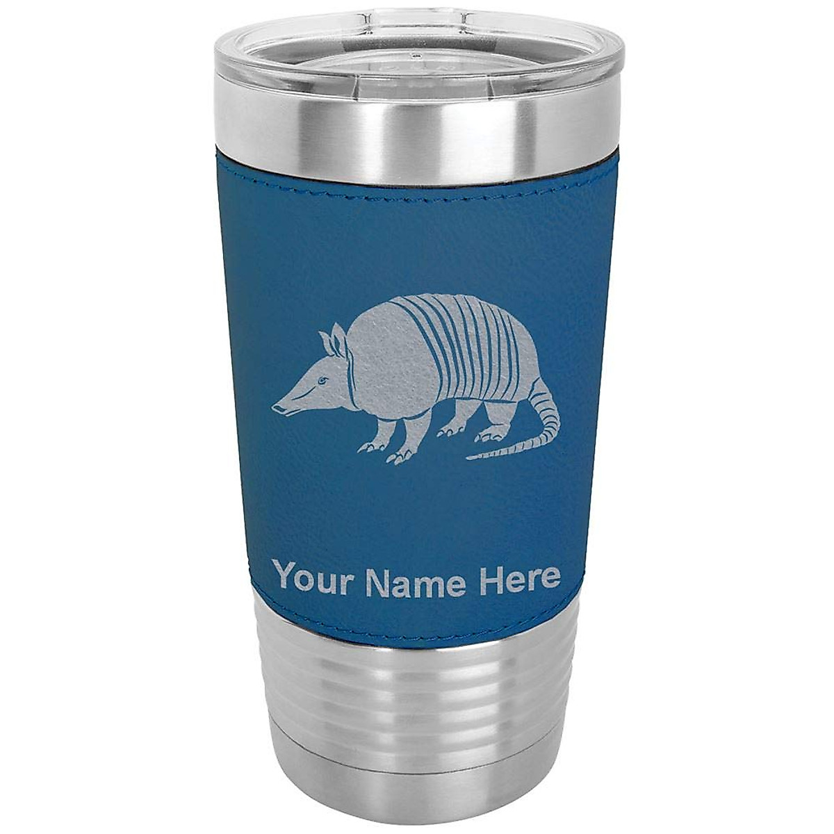 LaserGram 20oz Vacuum Insulated Tumbler Mug, Armadillo, Personalized Engraving Included (Faux Leather, Blue)