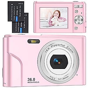 Digital Camera, IVECNSTU FHD 1080P 36MP Vlogging Camera Rechargeable Mini Compact Pocket Camera with LCD Screen 16X Zoom for Adult Seniors Students Kids Beginner (Pink)