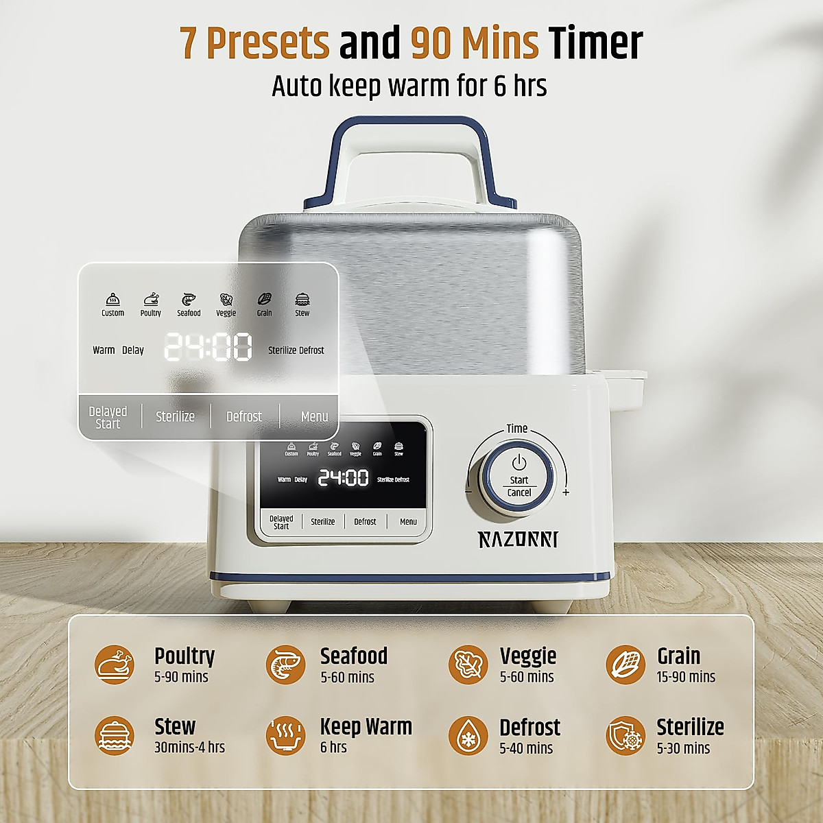 Razorri Electric Food Steamer 5-Quart Stainless Steel with Timer, 24H Delayed Start, Auto Keep Warm, and Large 68 Oz Water Capacity - Ideal for Cooking Healthy Vegetables, Poultry, Fish, Meat and more