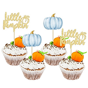 Gyufise 24Pcs Little Pumpkin Cupcake Toppers Blue Pumpkin Cake Toppers Gender Reveal Cake Decorations for Thanksgiving Birthday Baby Shower Fall Theme Party Decoration Supplies