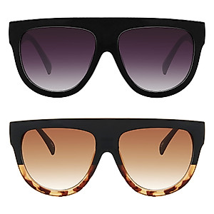 MEETSUN Fashion Sunglasses for Women Trendy Goggles Vintage Shades (2 Pack Black -Tortoise + Black)