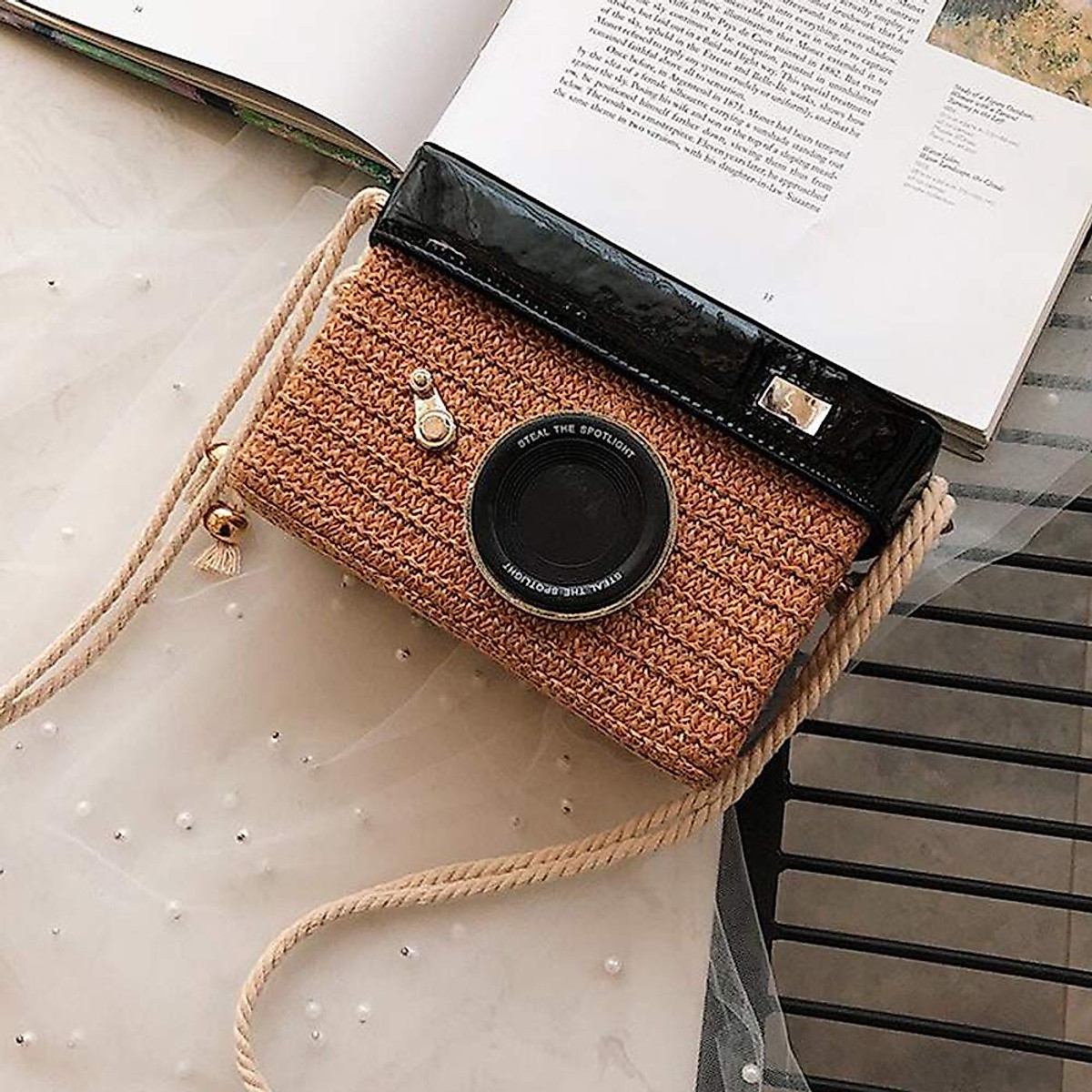 TENDYCOCO Crossbody Bag Camera Shaped Straw Woven Bag Mini Shoulder Bag for Women (Brown)