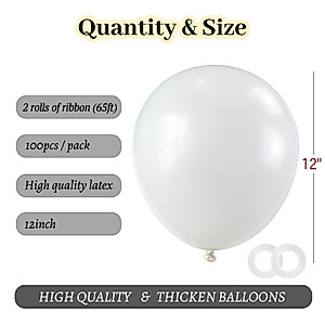 White Balloons 100 Pack 12 Inch White Latex Party Balloons with 2 Rolls of Ribbon Pastel White Helium Balloons for Wedding Birthday Party Baby Shower Engagement Anniversary Party Decorations
