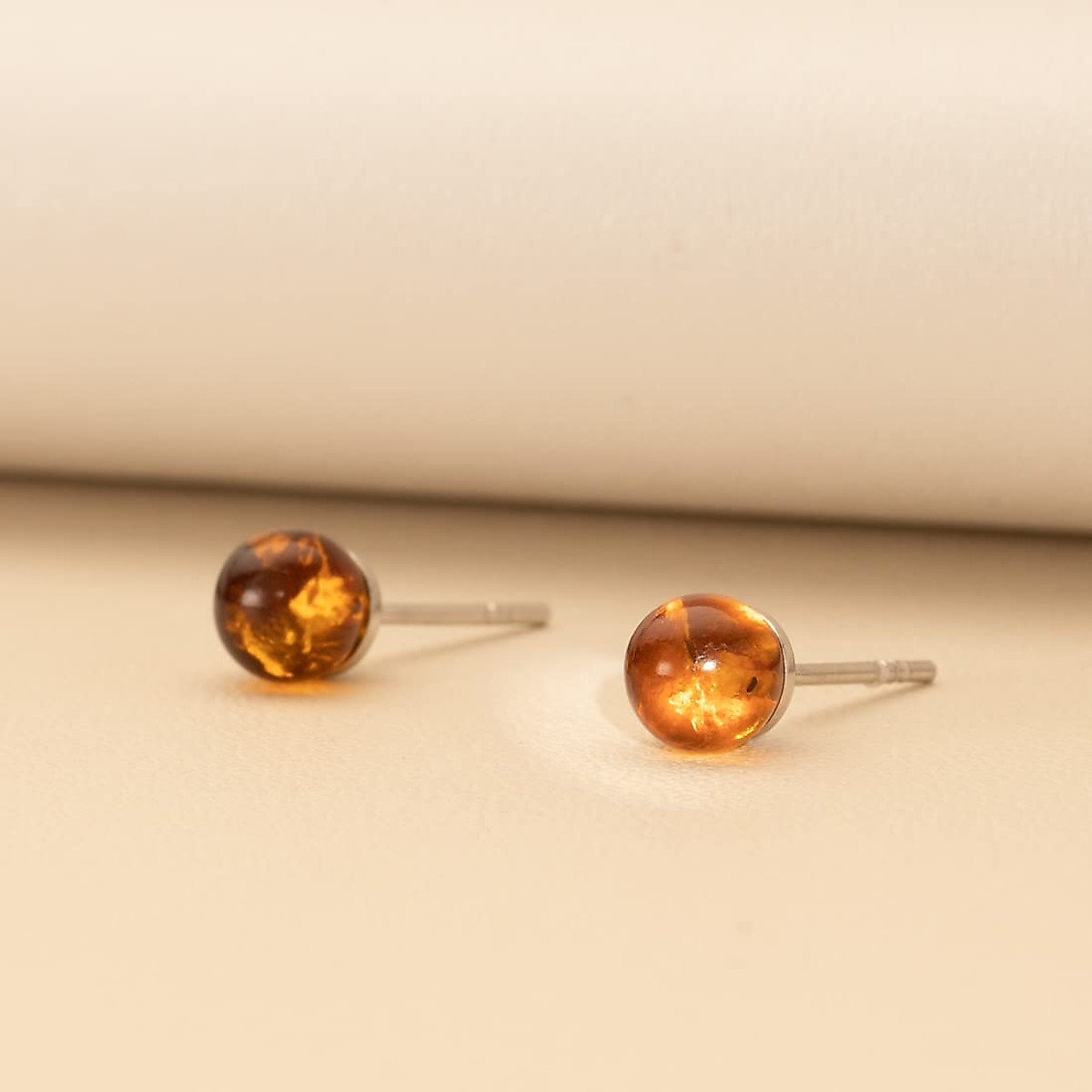 Peora Genuine Baltic Amber 6mm Ball Stud Earrings 925 Sterling Silver, Rich Cognac Color, Friction Backs