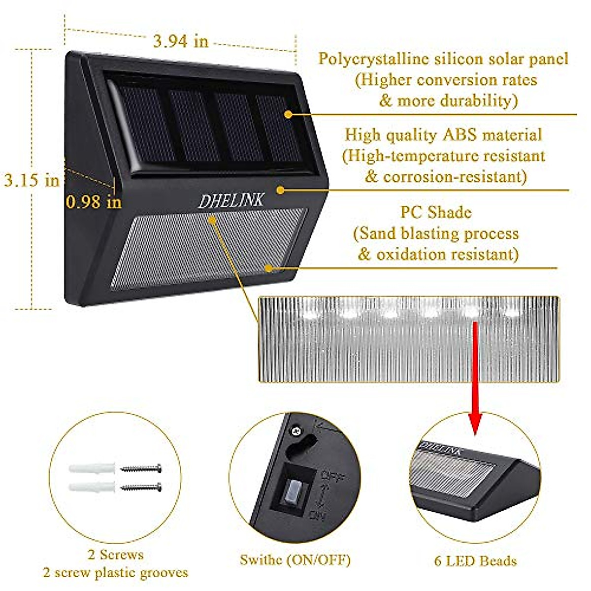 DHELINK 2 Pack Outdoor Solar Deck Lights, 6 LED Solar Step Lights Outdoor Waterproof Warm White Auto On/Off Solar Powered Stair Lights Lighting for Fence Yard Patio Garden Pathway Walkway