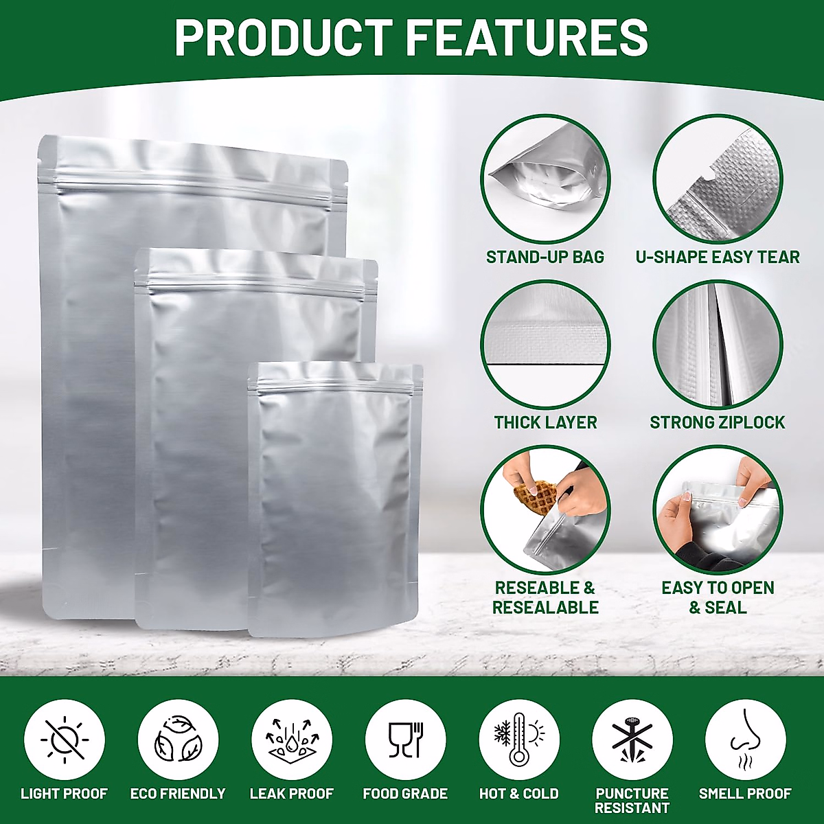 PoshMax Resealable Mylar Bags - Extra Thick Mylar Bags for Food Storage in 3 Sizes, Gallon, Quart and Small | Food Safe Mylar Ziplock Bag with Oxygen Absorbers for Food Storage 500cc | 100 Pack