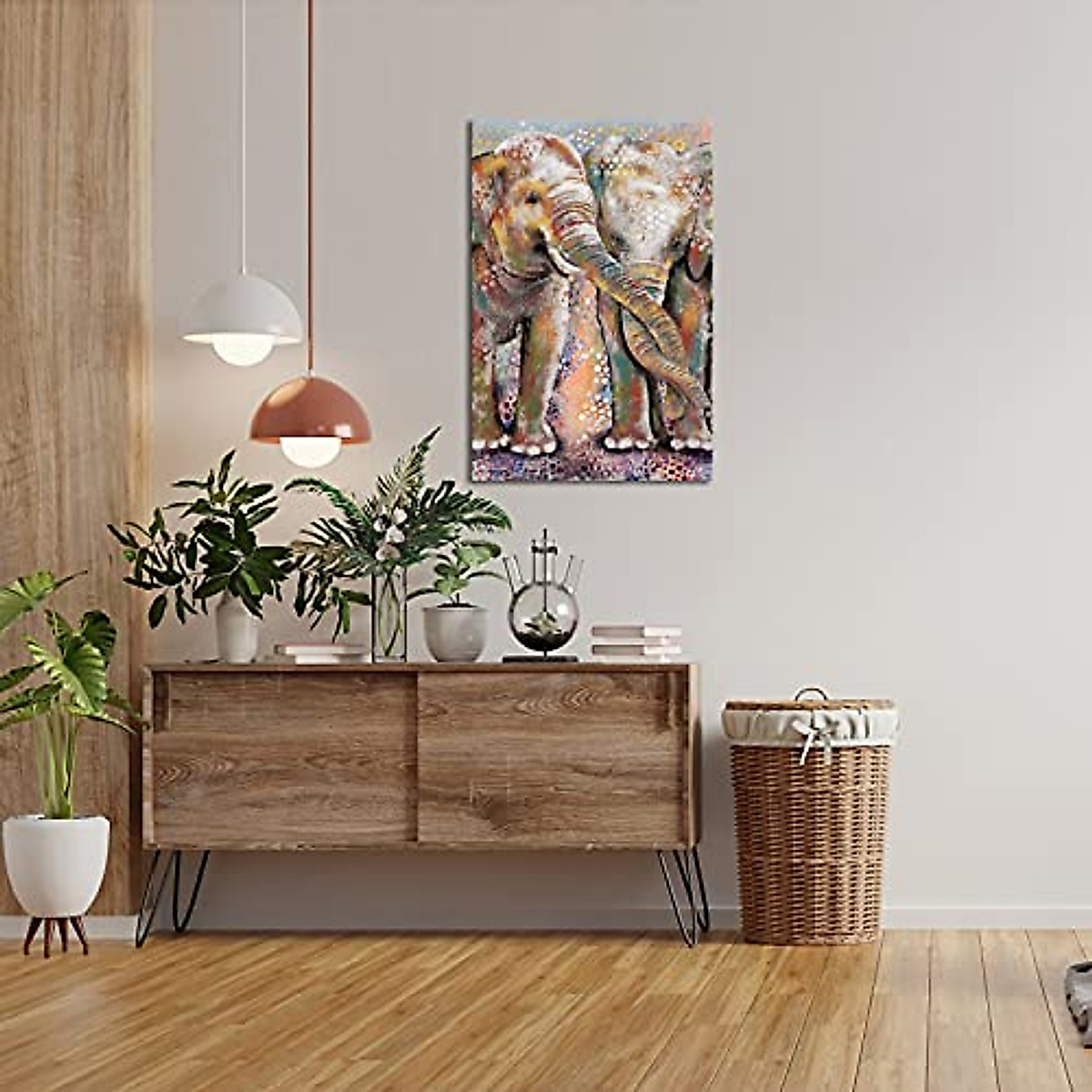 OuElegent Elephant Painting Canvas Wall Art Elephant Couple Graffiti Art Print Wlidlife African Animal Pictures Love Artwork for Home Living Room Bedroom Framed Ready to Hang