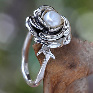 NOVICA Artisan Handmade Pearl Flower Ring Crafted Sterling Silver White Single Stone Indonesia Floral Birthstone Peace [crownbezel 0.4 in H x 0.6 in Diam. Band Width 2 mm W] ' White Rose'