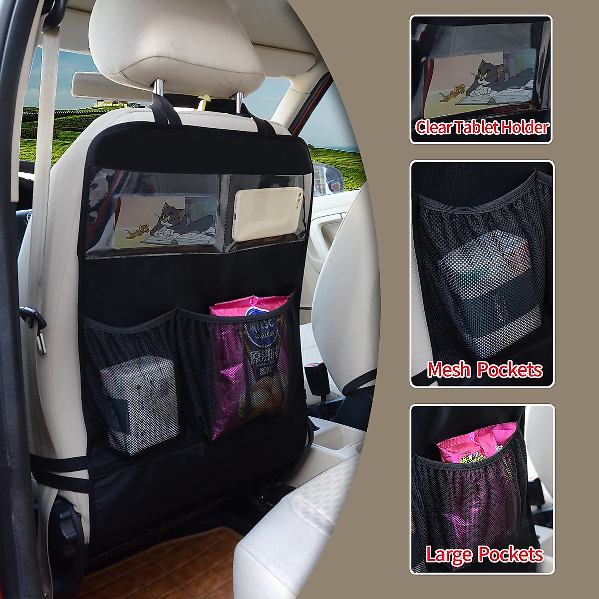 sunshine sky 2 Pack Car Kick Mats for Kids, Back Seat Protector Kick Mat,Wipeable Kick Matswith 2 Storage Pockets,Keep Seat Back Neat and Clean,Universal Fit Car Decor Accessories (Black)