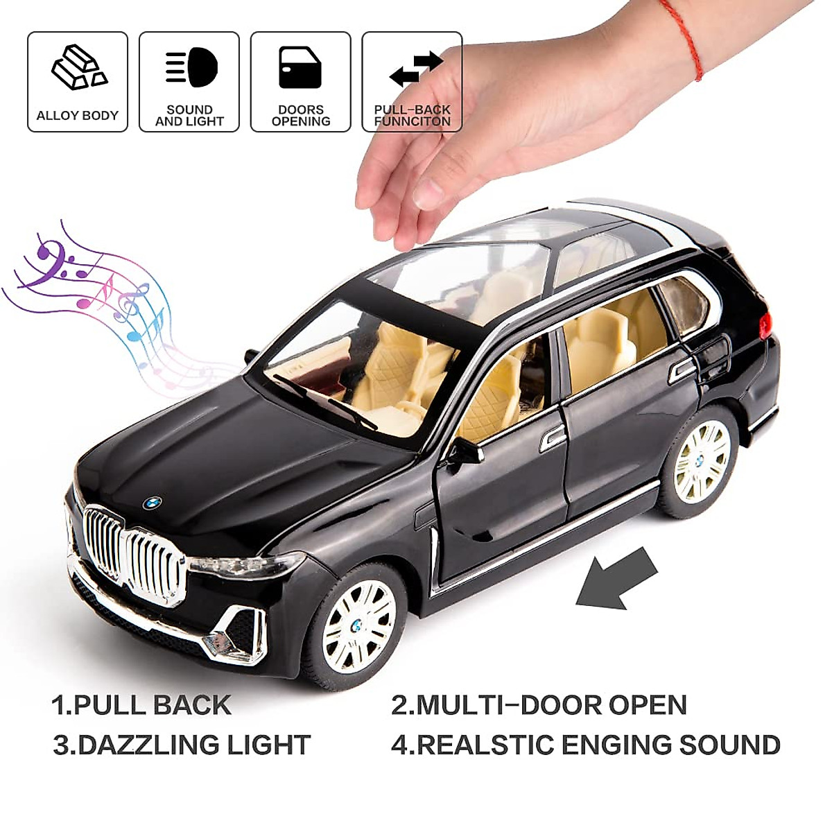 WAKAKAC Toy Car Compatible for 1/24 X7 Model Car, Alloy Die-cast Toy Vehicles,Pull Back Car Modelwith Sound and Light for Kids Boys Collectible Gift(Black)