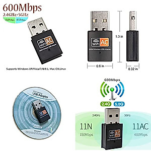 Dual Band USB WiFi Adapter 2.4/5Ghz Wireless AC600 Mbps Mini WiFi Dongle PC Network Card Wireless Network Card Support Laptop/Desktop/PC MAC Book Windows Notebook