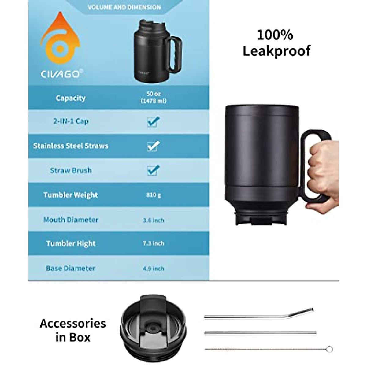 CIVAGO 50 oz Insulated Tumbler Mug with Lid and Straw, Vacuum Travel Coffee Mug with Handle, Double Wall Stainless Steel Water Cup Bottle, Black