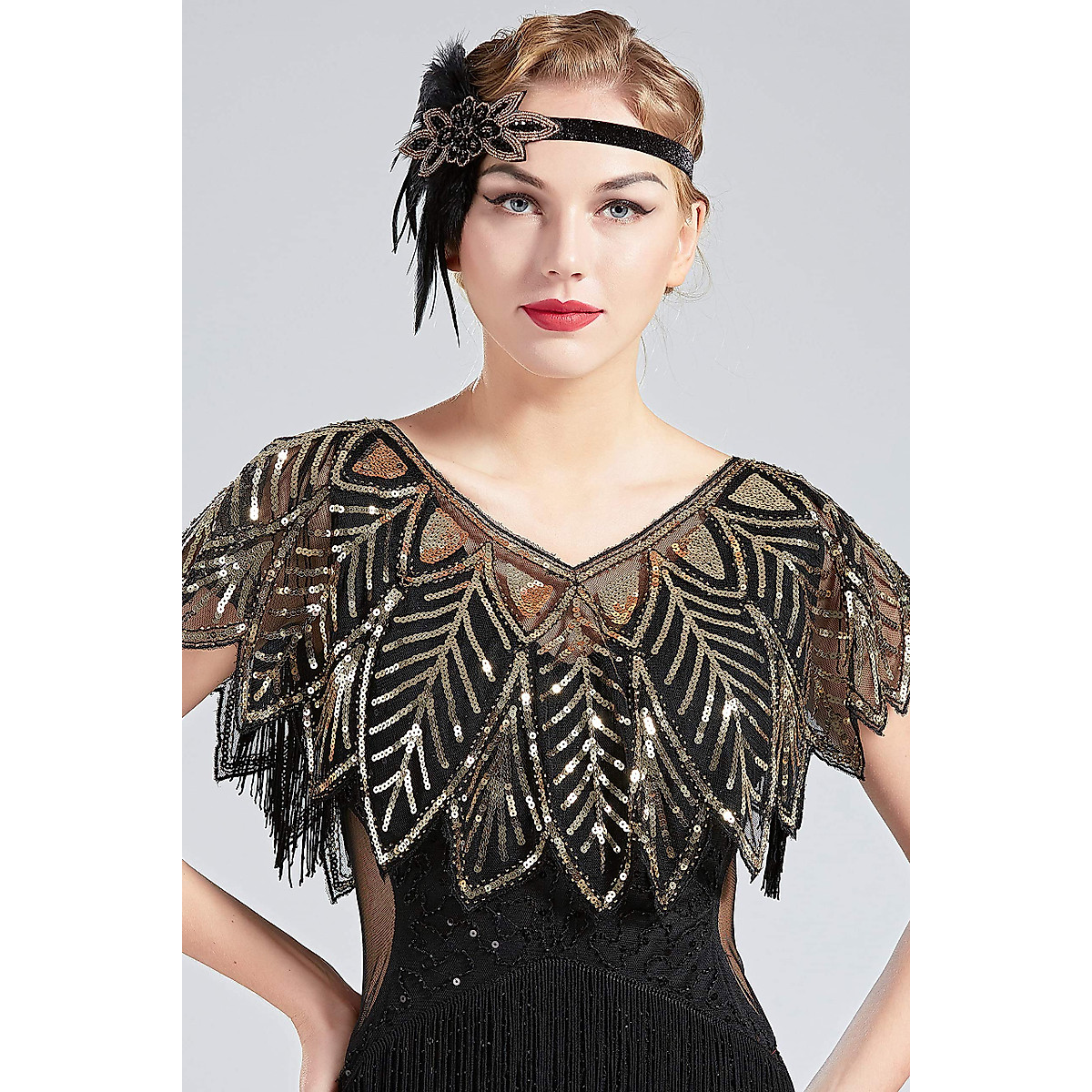 BABEYOND 1920s Shawl Wraps Sequin Beaded Evening Cape Bridal Shawl (Black Gold)