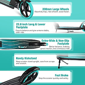 BELEEV V5 Scooters for Kids 6 Years and up, Folding Kick Scooter 2 Wheel for Adults Teens, 4 Adjustable Handlebar, 200mm Big Wheels, Lightweight Sports Commuter Scooter(Teal)