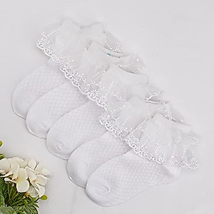akkilar 5 Pairs Toddler Girl Frilly Lace Socks Cotton Thin Baby Kids Cute Mesh White Church Ankle Princess Dress Sock 2-13T