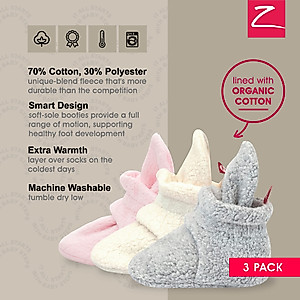Zutano Unisex Baby Cozie Fleece Baby Booties, Baby Essentials, Pack of 3, Heather Gray/Baby Pink/Cream, 6 Months
