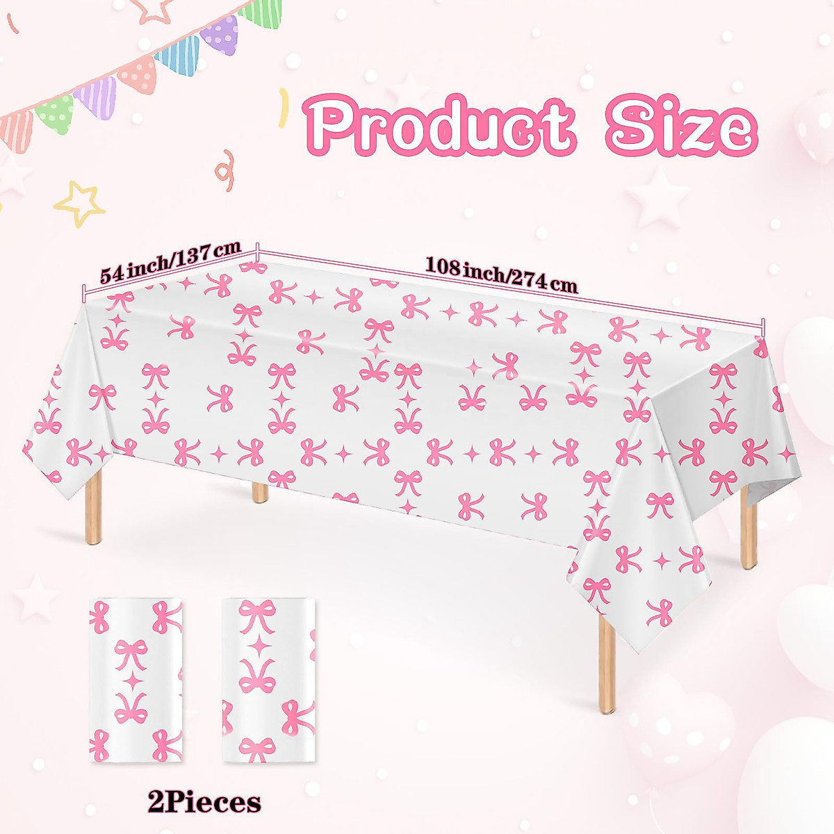 2 Pcs Pink Bow Table Cloth Rectangle Table Party Supplies Bow Theme Disposable Plastic Table Covers Waterproof Coquette Birthday Decorations for Women Girls Bridal Baby Shower Bachelorette Party Decor