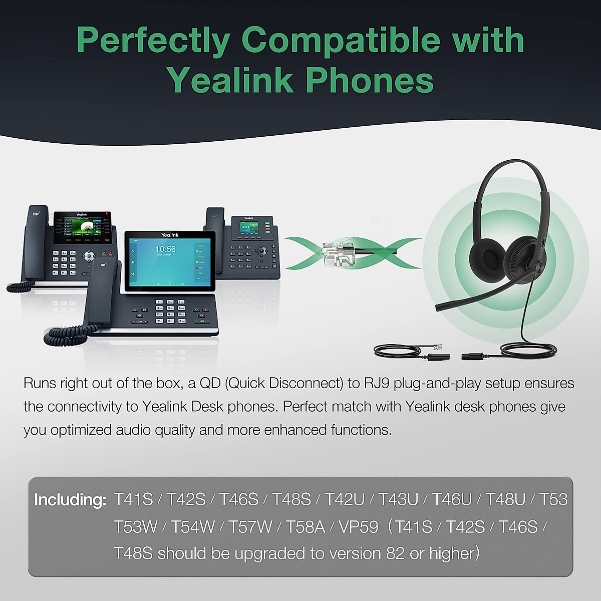 Yealink Phone Headsets for Office Phones YHS34 Lite QD to RJ9 Wired Headset for Yealink Compatible with Poly Snom Grandstream Phones Desk Landline Headset with Microphone -Dual/111g/2.1m Cable