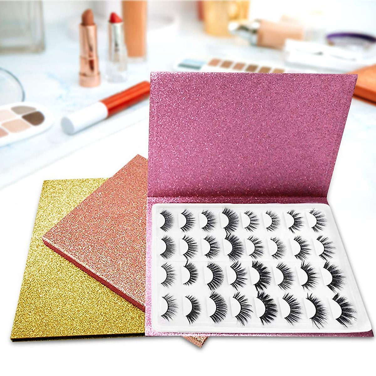16 Pair Eyelash Storage Book,Makeup Display Sample Container,Eyelash Catalog Travel Glitter Paper rose gold
