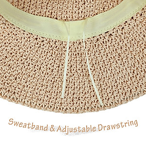 Women Sun Hat Wide Brim Floppy Beach Hat Crochet Straw Hat Breathable UV UPF 50+ Summer Hat Foldable Packable Travel Outdoor Cap Pink