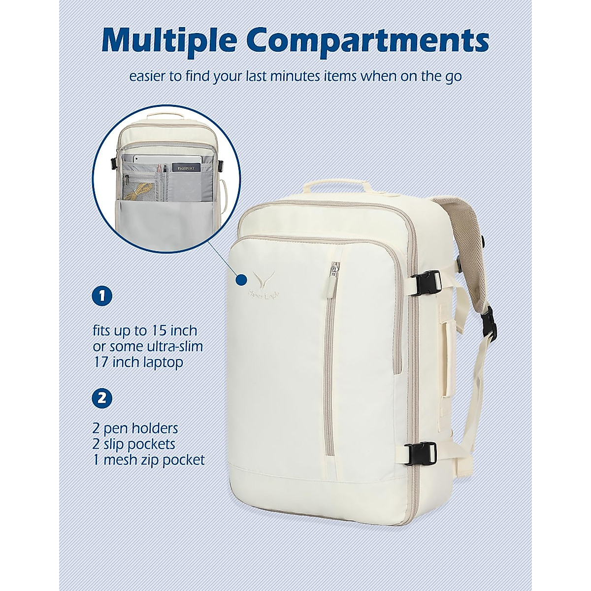 Hynes Eagle Carry on Backpack 38L Large Travel Backpack for Women Flight Approved Weekender Bag Laptop Backpack Men 15 inches Black 2017