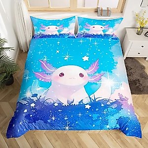 Feelyou Kids Cute Axolotl Bedding Set Twin Size, Galaxy Duvet Cover Cartoon Salamander Comforter Cover Boys Girls Glitter Rainbow Teens Bedspread Cover Bedroom Decor Zipper (No Comforter)