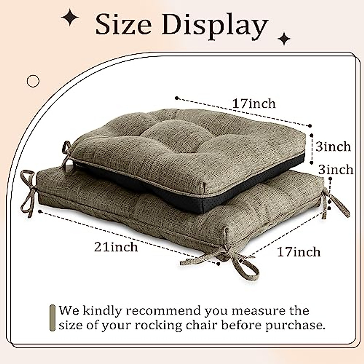 Cozyide Non-Slip Rocking Chair Cushion Set, Soft Rocking Chair Pads Set with Adjustable Ties, Includes Seat Cushion 17x17 Inches & Back Pillow 21x17 Inches, Khaki