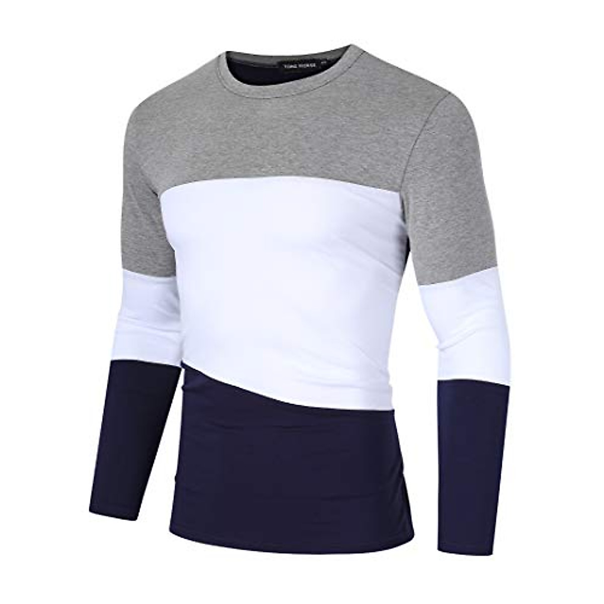 Yong Horse Men's Casual T-Shirt Athletic Long Sleeve - Crewneck Cotton Tee Shirt Teen Boys Graphic T Shirts Sun Protection UPF 50+ UV for Outdoor Sporting Running Gym Slim Fit Navy and White XL
