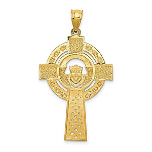 Solid 14k Yellow Gold Celtic Irish Claddagh Cross Pendant Charm - 40mm x 22mm