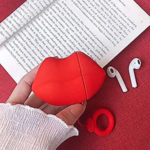 Rertnocnf Compatible with Earbuds Case Airpods 1 & 2, Creative 3D Lips Design Personality Red Lip Portable Accessories Soft Silicone Protective Wireless Earphone Charging Case with Ring Decoration