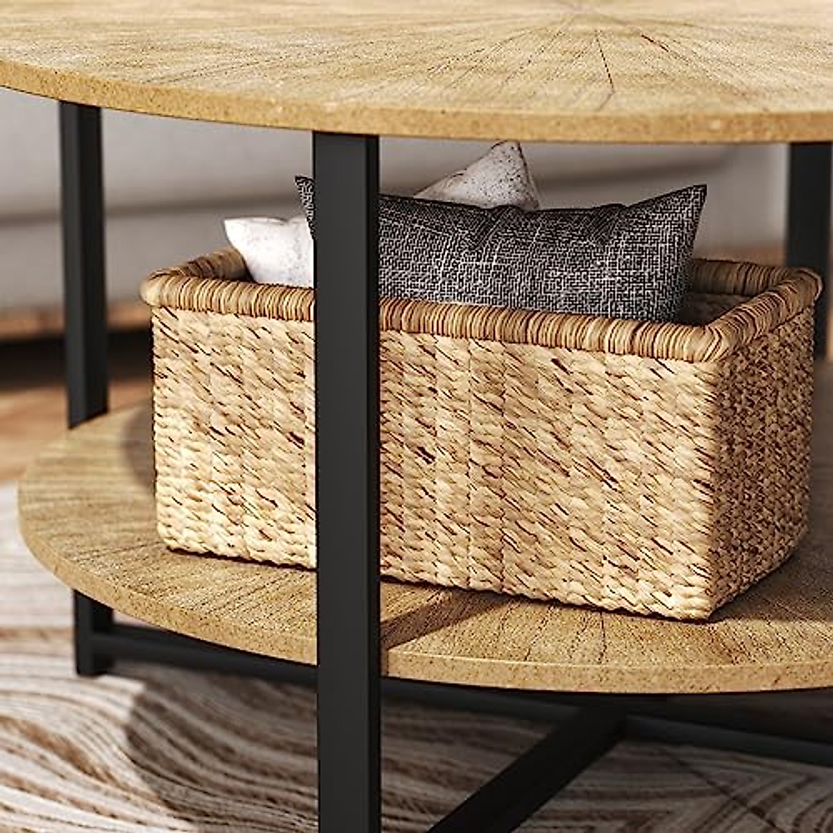 3imothrix Round Wood Coffee Table, Coffee Table with Storage Open Shelf, 31.49 inch 2 Tier Solid Wood Veneer Circle Coffee Table for Living Room (Coffee Table)