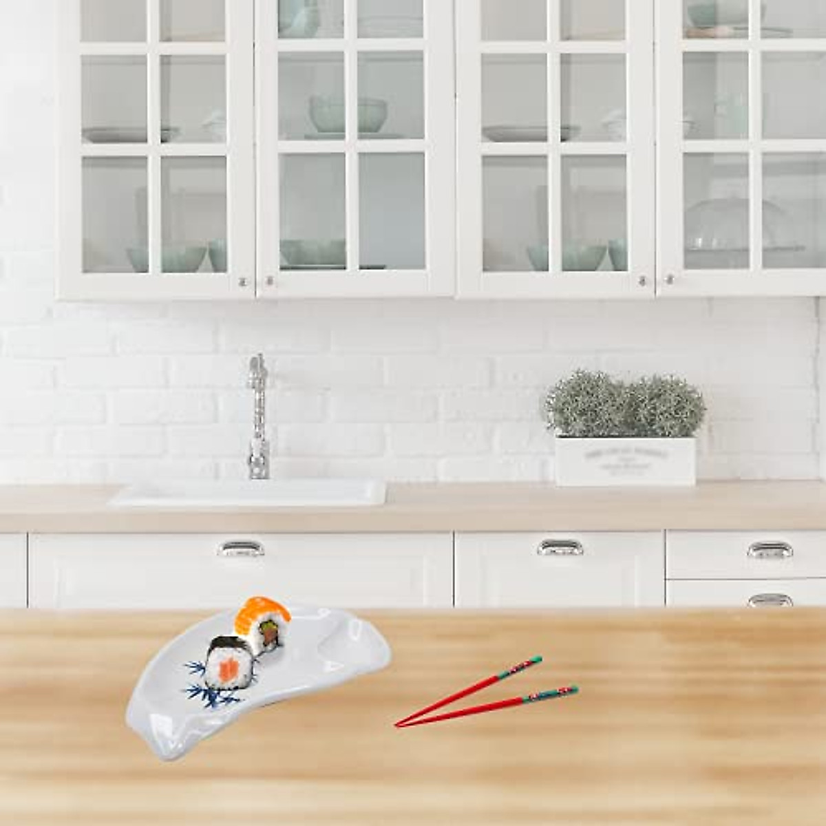 Unique Japanese White Melamine Divided Plate with Bamboo Design, Sushi and H'orderves Serving Platter for Meals, 8.25 x 5.5 Inches