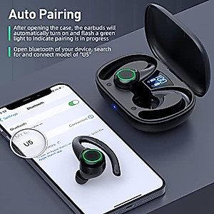 PUREROYI Bluetooth Headphones Wireless Earbuds, 100Hrs Playback Over Ear Earphones with Earhooks, Dual-LED Display, IPX7 Waterproof, Ear Buds Built-in Mic Headset for Sports Running Workout Black