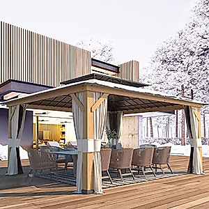 EROMMY 13'x15' Wood Gazebo, Outdoor Hardtop Gazebo Pavilion with Netting and Curtains, Spruce Wooden Frame Double Roof Metal Canopy for Patio Backyard Deck Garden