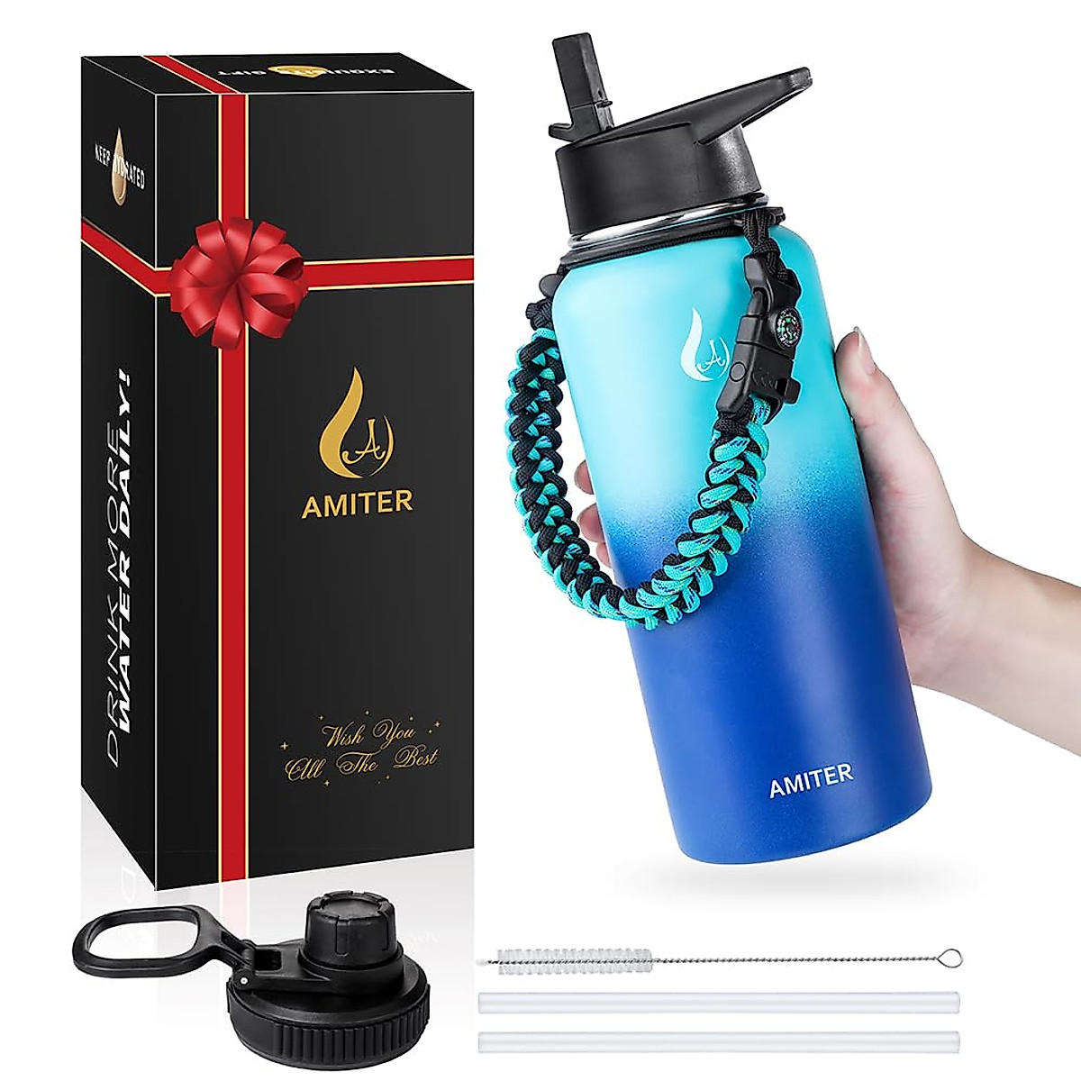 AMITER Insulated Bottle with Straw & Spout Lid, Wide Mouth Stainless Steel Water Bottles with Paracord Handle - 22oz, 32oz, 40oz, 64oz