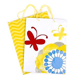 Hallmark 12" Large Gift Bags (Pack of 2: Yellow Chevrons and Flowers with Butterflies) for Birthdays, Baby Showers, Easter, Mothers Day or Any Occasion