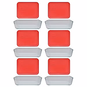 Pyrex (6 7210 3 Cup Glass Dishes & (6) 7210-PC Poppy Red Lids - Made in the USA