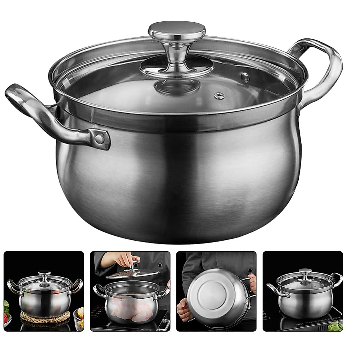 SHERCHPRY Induction Stock Pot Stainless Steel Saucepan with Glass Lid Classic Cookware Sauce Pan Cooking Pot for Boiling Milk Sauce Gravies Pasta Noodles 24CM Stainless Steel Stock Pot
