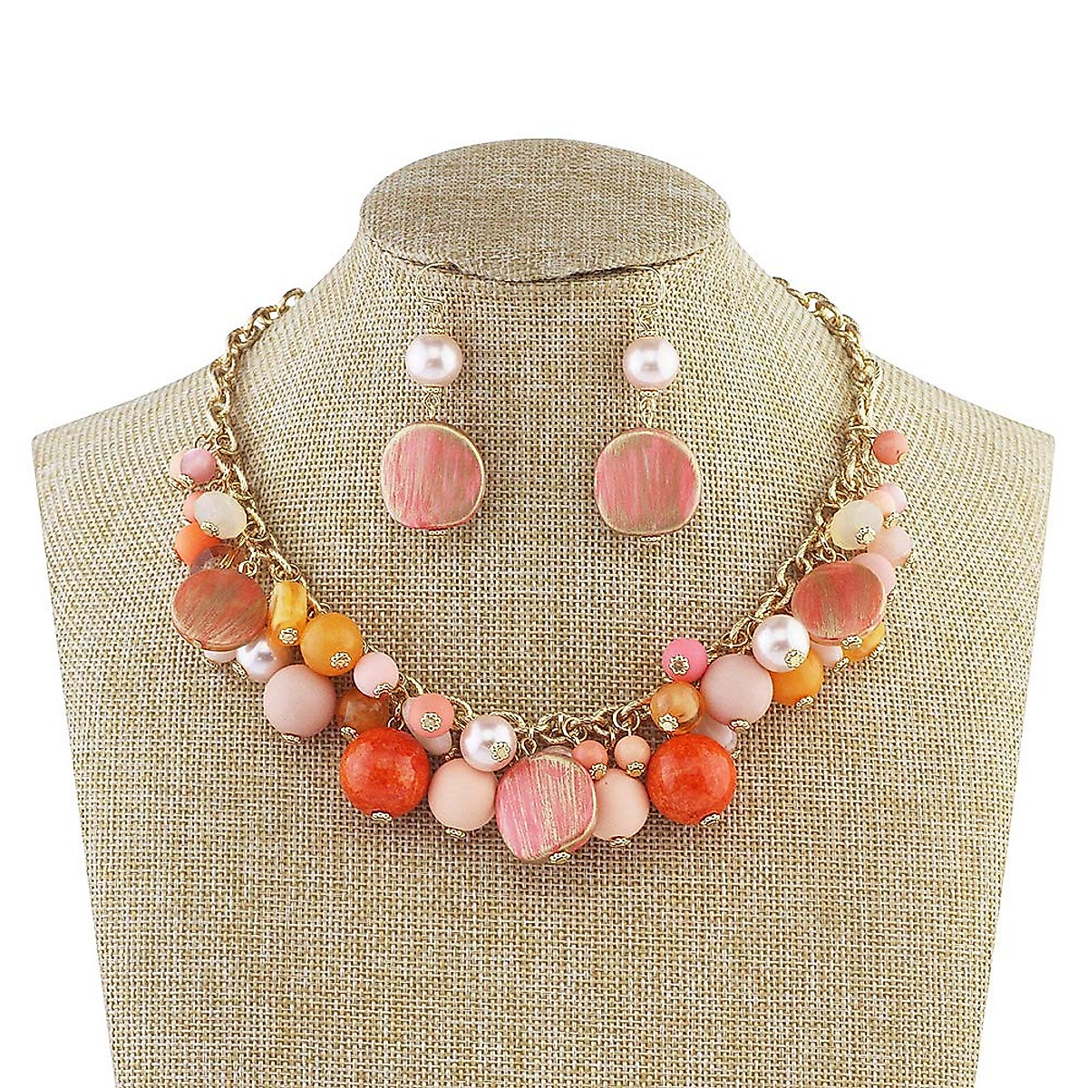 Coiris Women's Beaded Strand Statement Necklace Beads Collar (N0002-Coral Orange)