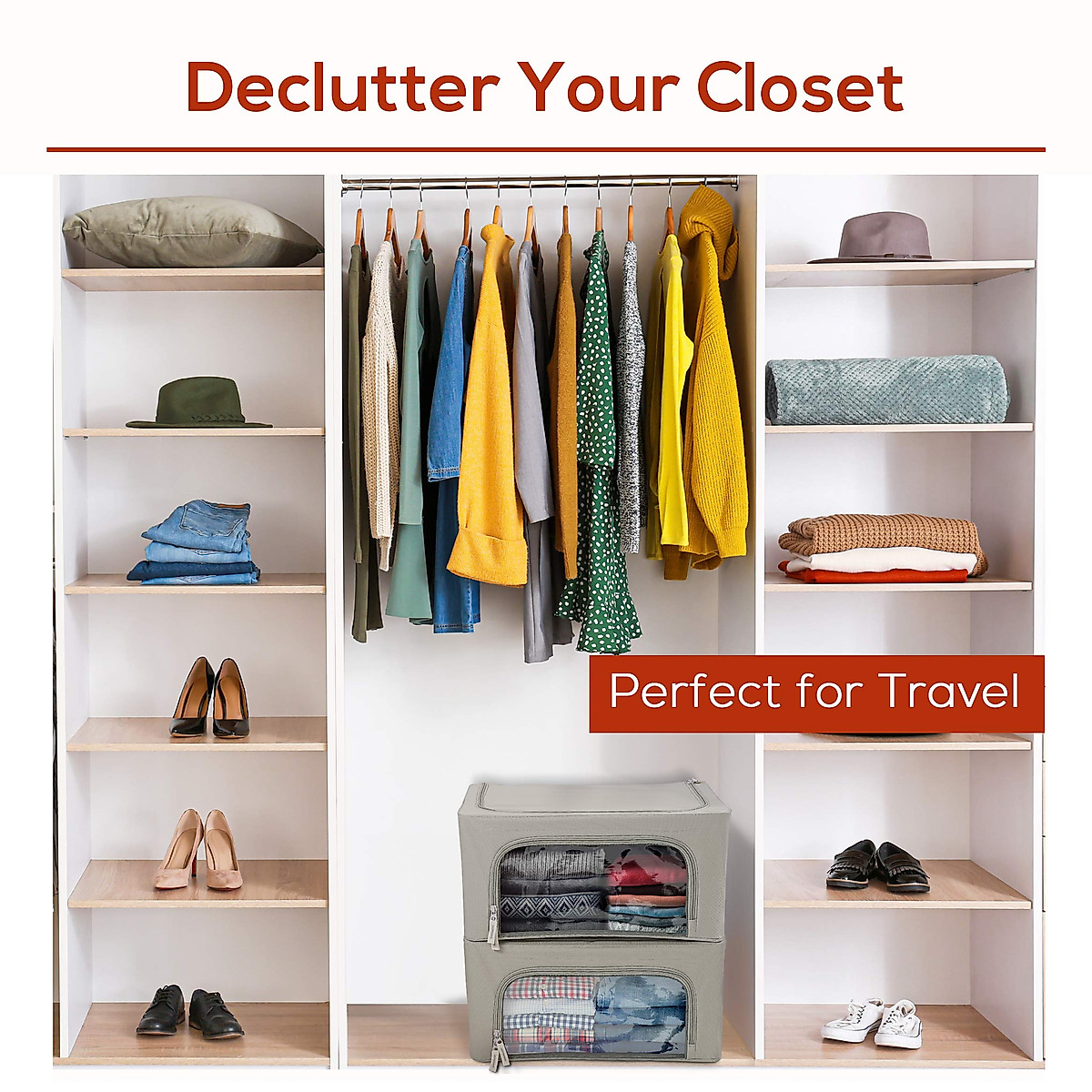 Asani Foldable Storage Bin Boxes with Clear Window, Decorative Bedroom Closet Organizer for Clothes, Bedsheet, Blanket, Reinforced Carry Handles, Double Study Zipper, Fabric, 15.75" L X 12" W X 8" H