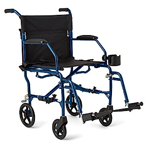 Medline Ultra Lightweight Transport Wheelchair for Adults, Foldable, 19-Inch Seat Width, Blue Frame, Black Upholstery