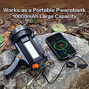 BUYSIGHT Rechargeable Spotlight Flashlight, 1000,000 lumens 600 Yards Range Solar Charge Hand held Large flashlights with red Lens Side Flood Light Warning Light USB C Input (Solar Black)