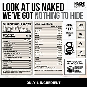 Naked Bone Broth – Beef Bone Broth Protein Powder – 20g Protein, Only 1 Ingredient – Gut Health and Joint Supplement – Unflavored – No GMO, Gluten, or Soy – 1 Pound