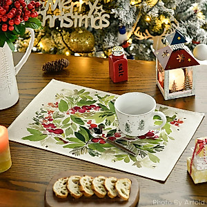 Artoid Mode Watercolor Holly Christmas Placemats Set of 6, 12x18 Inch Seasonal Winter Xmas Holiday Table Mats for Party Kitchen Dining Decoration