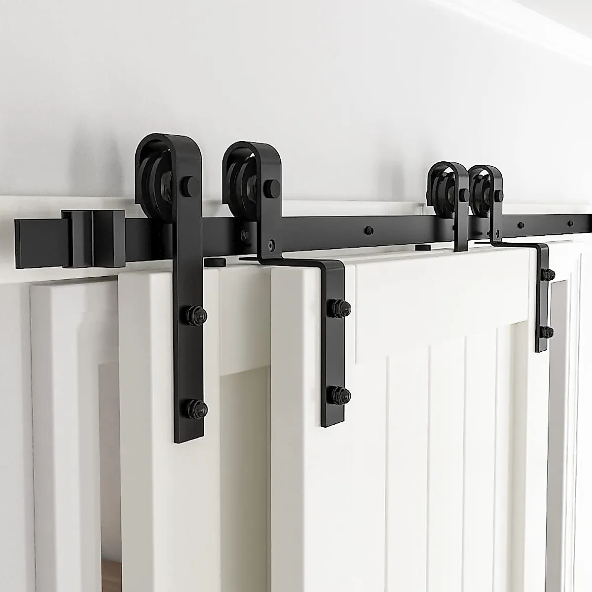 skysen 6FT Heavy Duty Sliding Barn Door Hardware Single Track Bypass Double Door Kit Black(Bypass J Shape-1)