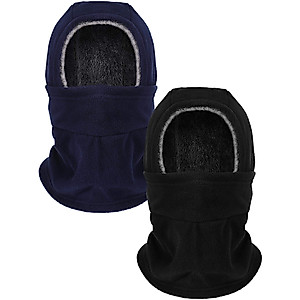 Winter Balaclava Hat Fleece Full Face Covering Scarf with Drawstring (Black, Navy Blue, 2)